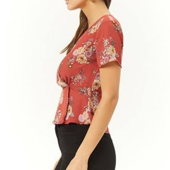 Forever 21 | Tops | Nwot Red Floral Chiffon Rufflehem Top | Poshmark
